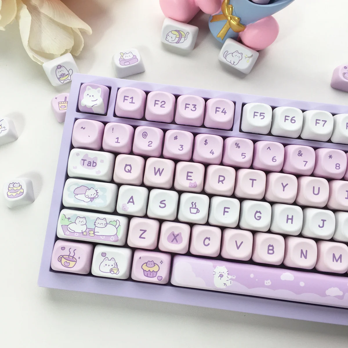Kawaii Cat Tea Party Pastel Mao Profile Keycaps (132 Keys) - KawaiiKeys